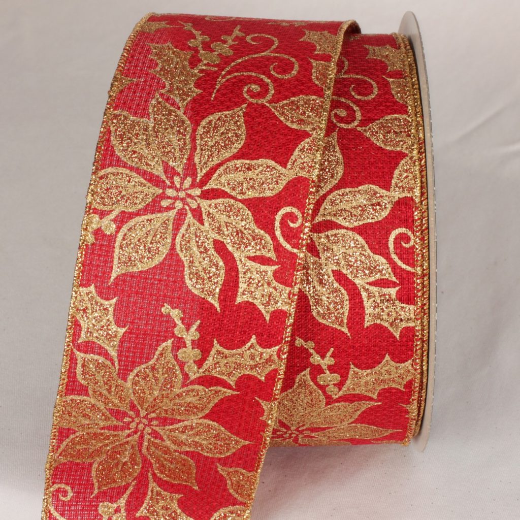 Stitched Poinsettia Ribbon Wire Edge - Karaboo Ribbons
