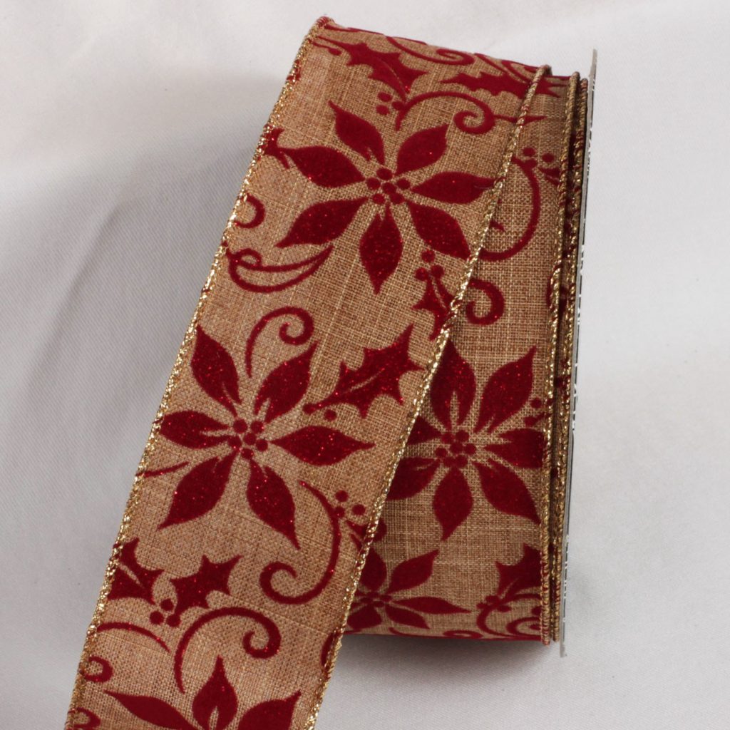 Stitched Poinsettia Ribbon Wire Edge - Karaboo Ribbons